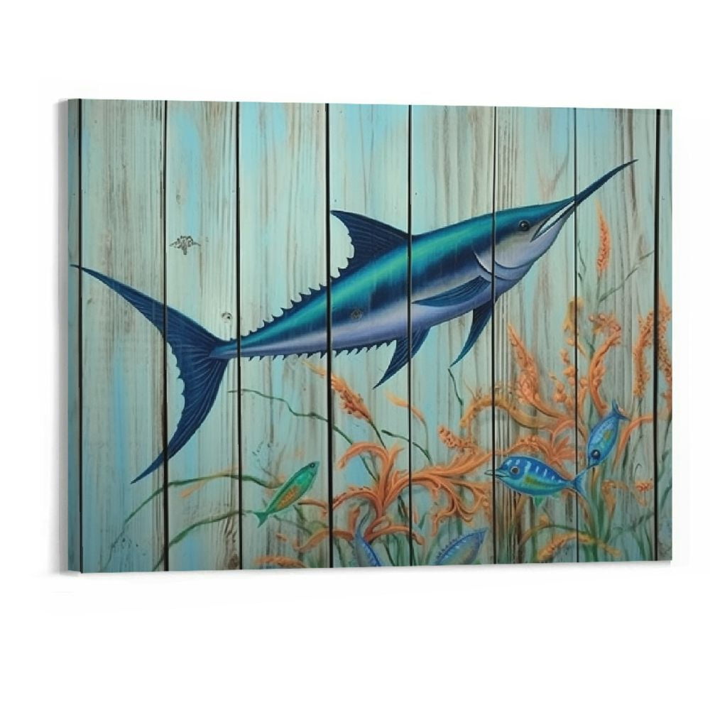 ONETECH Aquarium Decor Underwater World Painting Jumping Blue Marlin ...