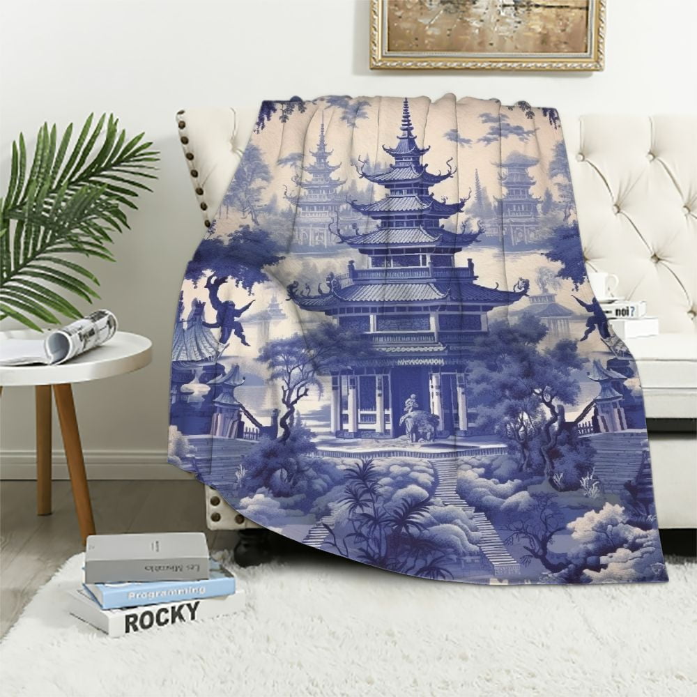 ONETECH Asian Style Flannel Blanket Chinoiserie Blue Asian Pagoda Couch ...