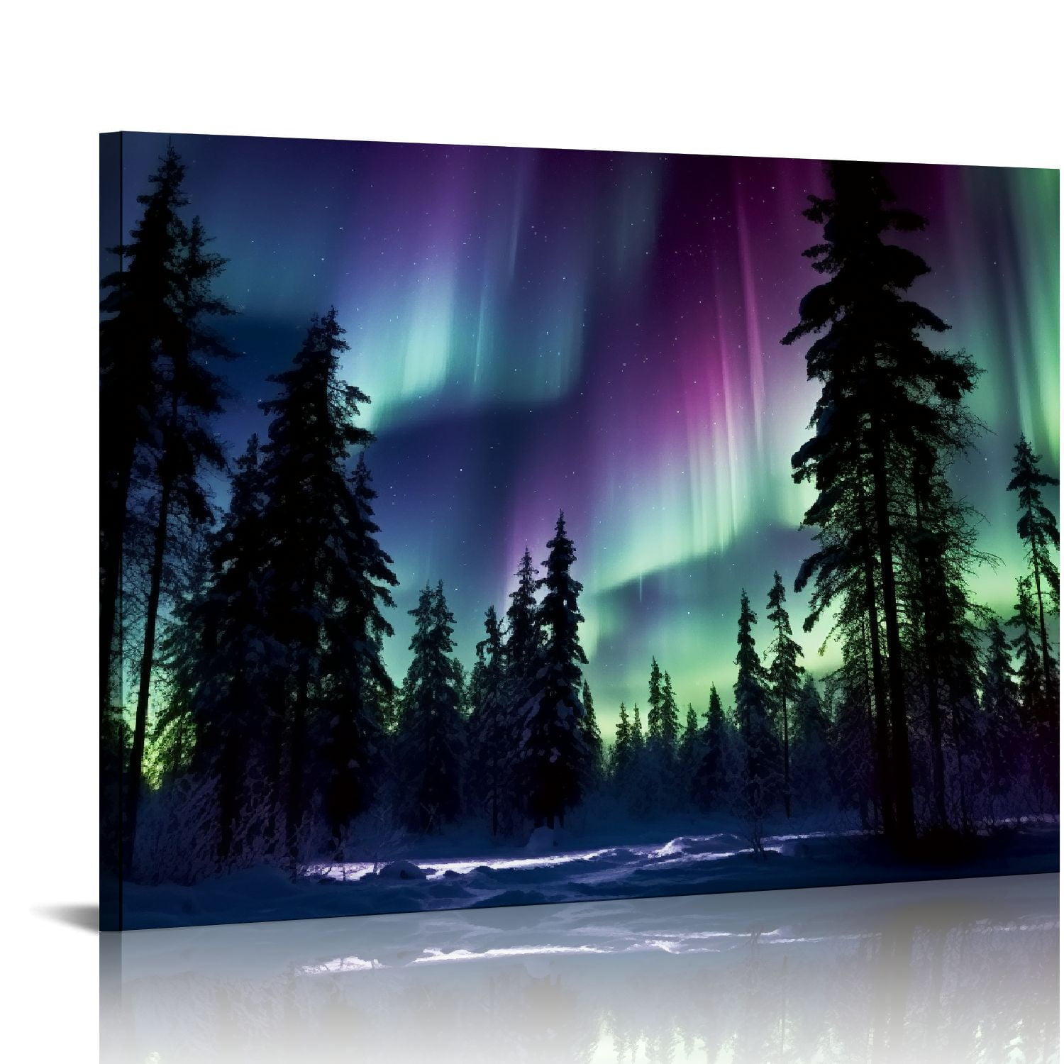 ONETECH Aurora Borealis Canvas Wall Art, Green and Purple Aurora Trees Painting Poster Aurora ...