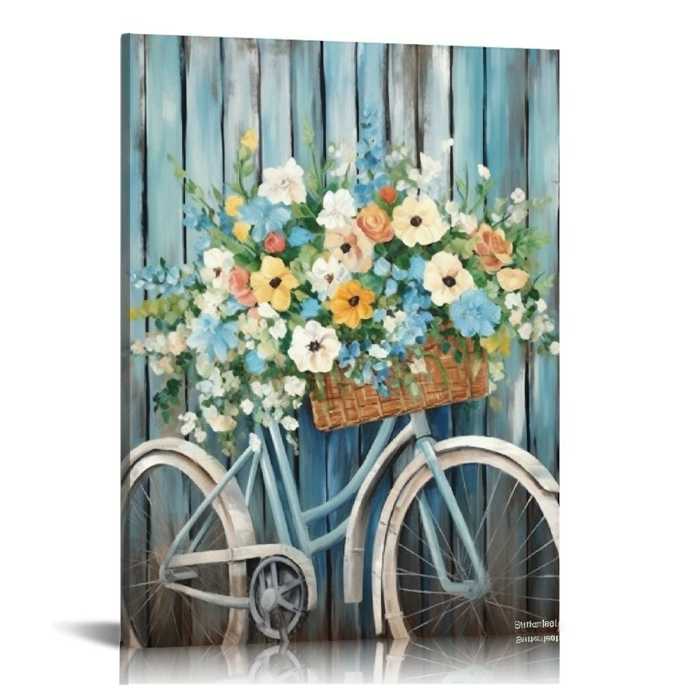 ONETECH Bathroom Canvas Wall Decor Blue Retro Bike wall art rural Style ...