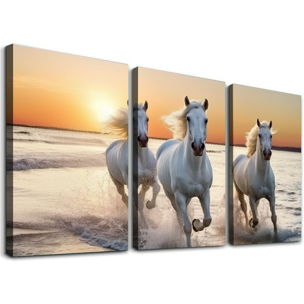 ONETECH Beach Horse Canvas Wall Art: White Elegant Equines Photo Prints ...