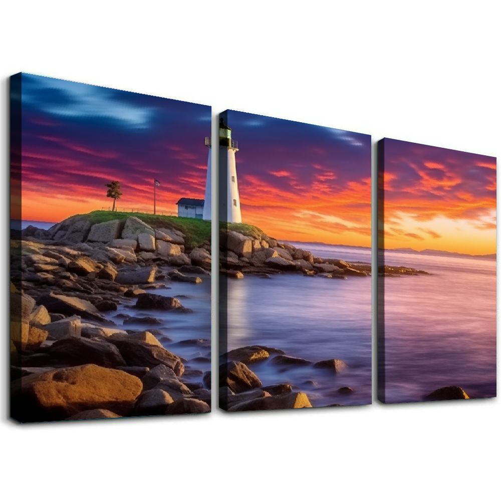 ONETECH Beach Landscape Lighthouse Wall Art Sunrise Coastal Seascape ...