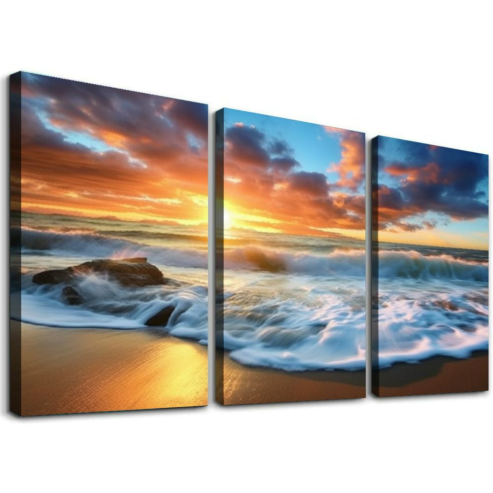 ONETECH Beach Sunrise Canvas Wall Art: Modern Ocean Sea Wave Picture ...