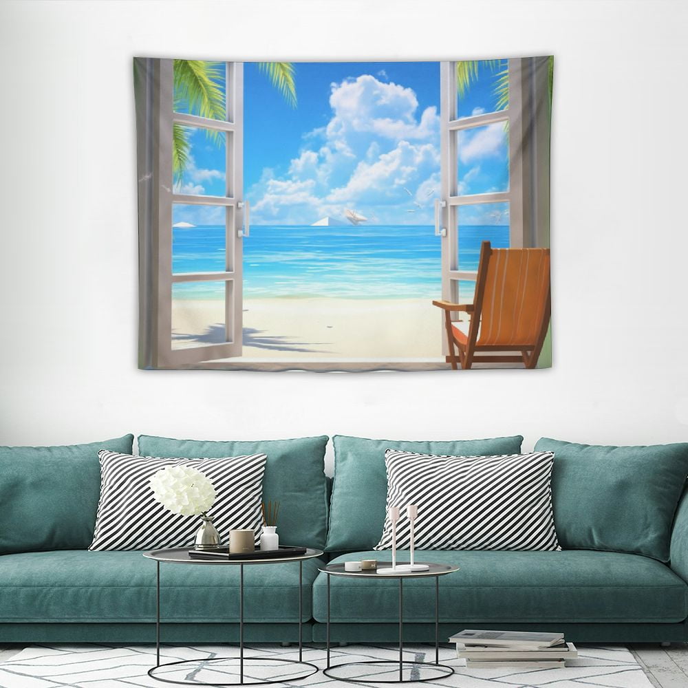 ONETECH Beach Tapestry Palm Trees In Ocean Heaven Sunbeds Balcony White ...