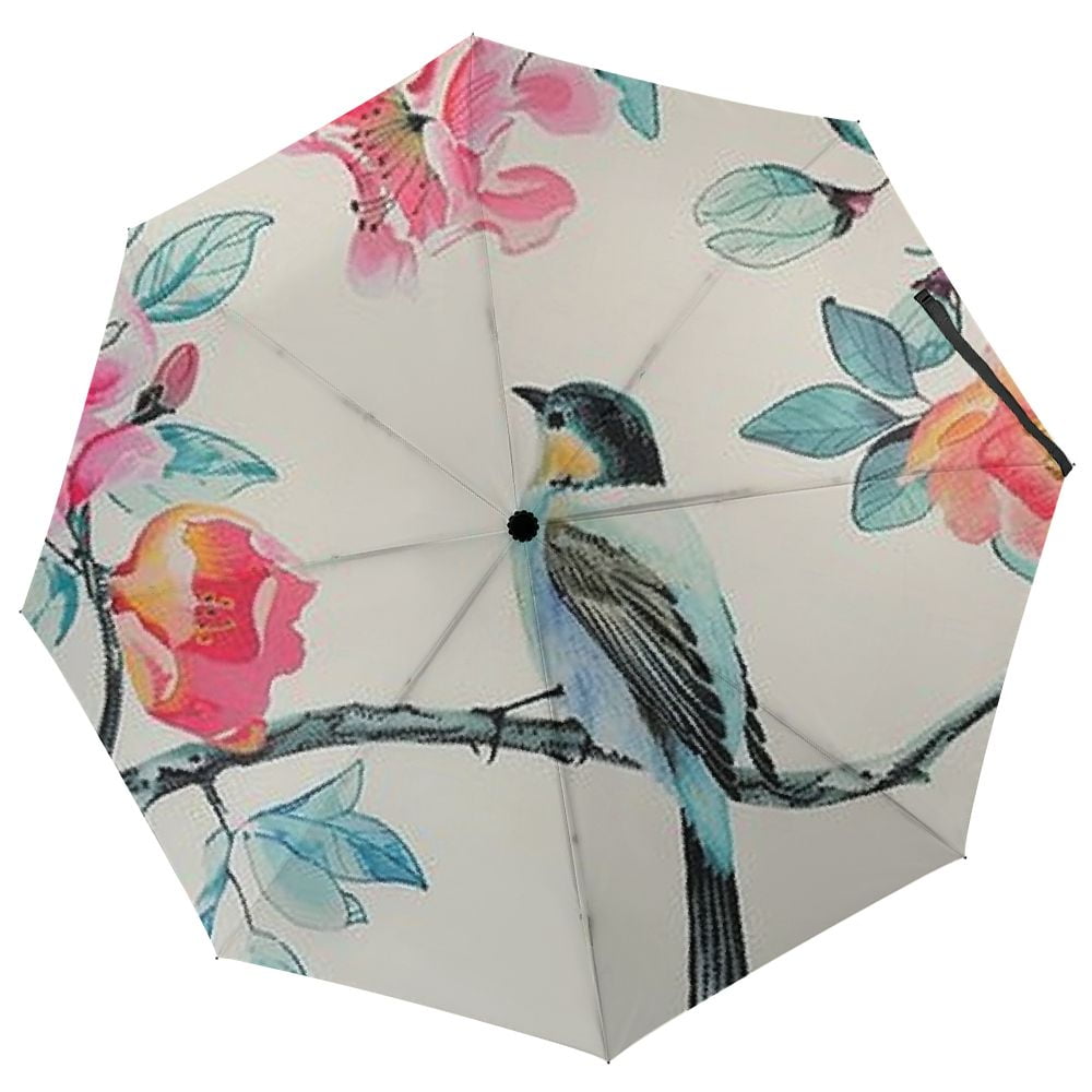 ONETECH Bird Tree Branch Flowers Three-Fold Automatic Portable Umbrella ...