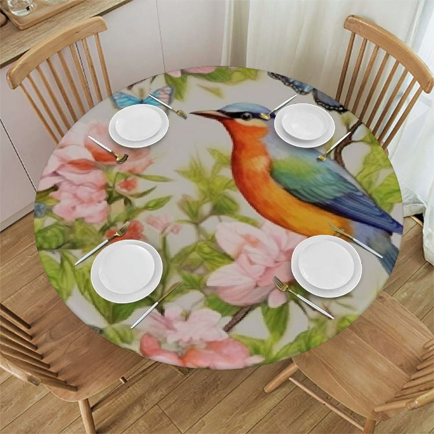 ONETECH Birds Spring Flower Butterflies Round Tablecloth with Elastic Edge Fitted Table Cover ...