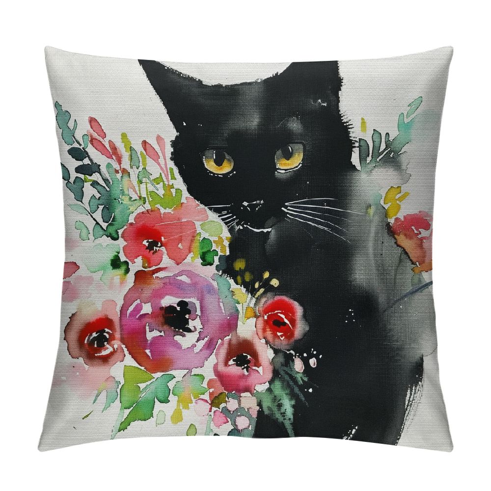 ONETECH Black Cat and Watercolor Flower Farmhouse Pillow Cover ...