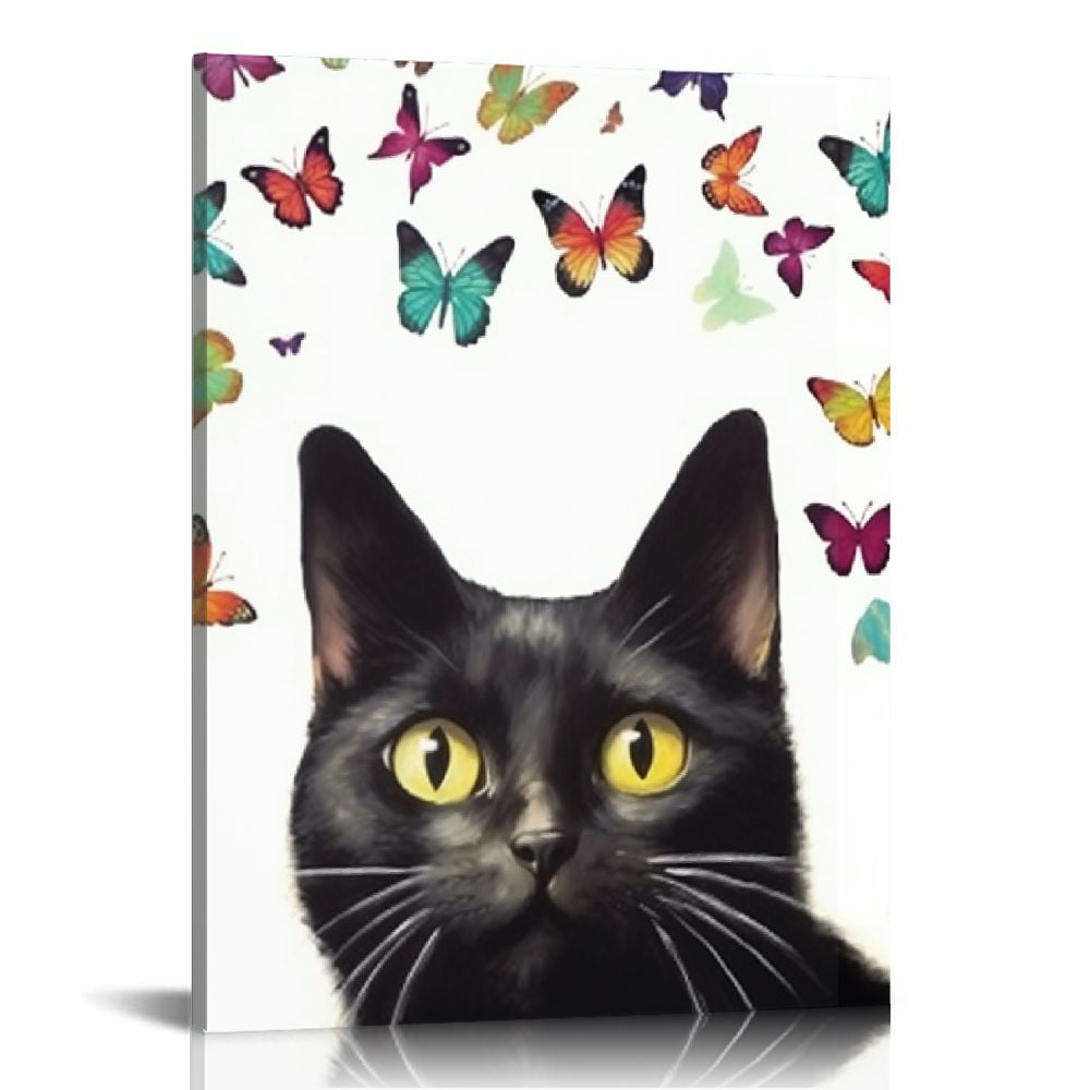 ONETECH Black Cat wall art colorful Butterfly Art Print,kitten Poster ...