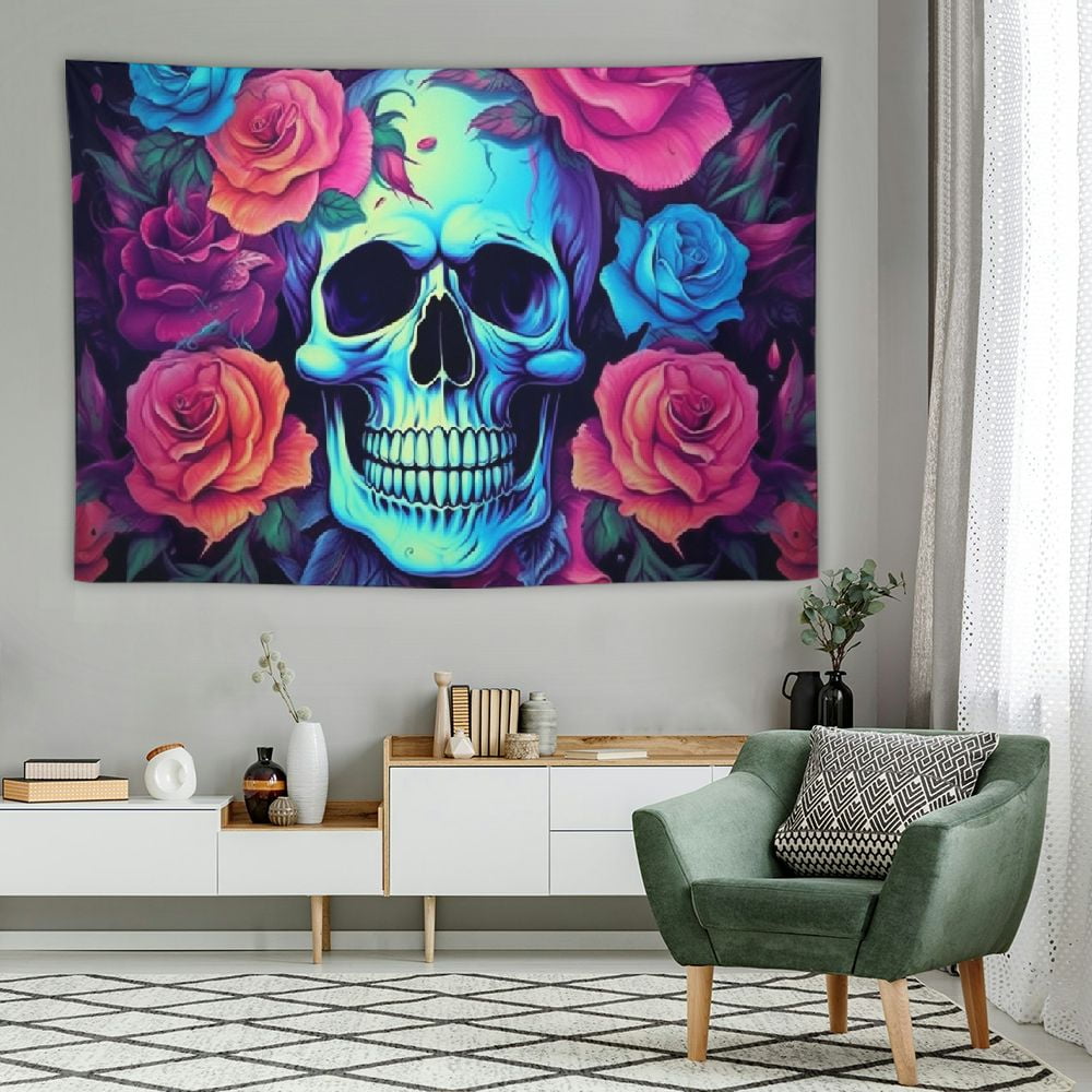 ONETECH Black Light Tapestry, Skull Trippy Tapestries, Rose UV Reactive ...