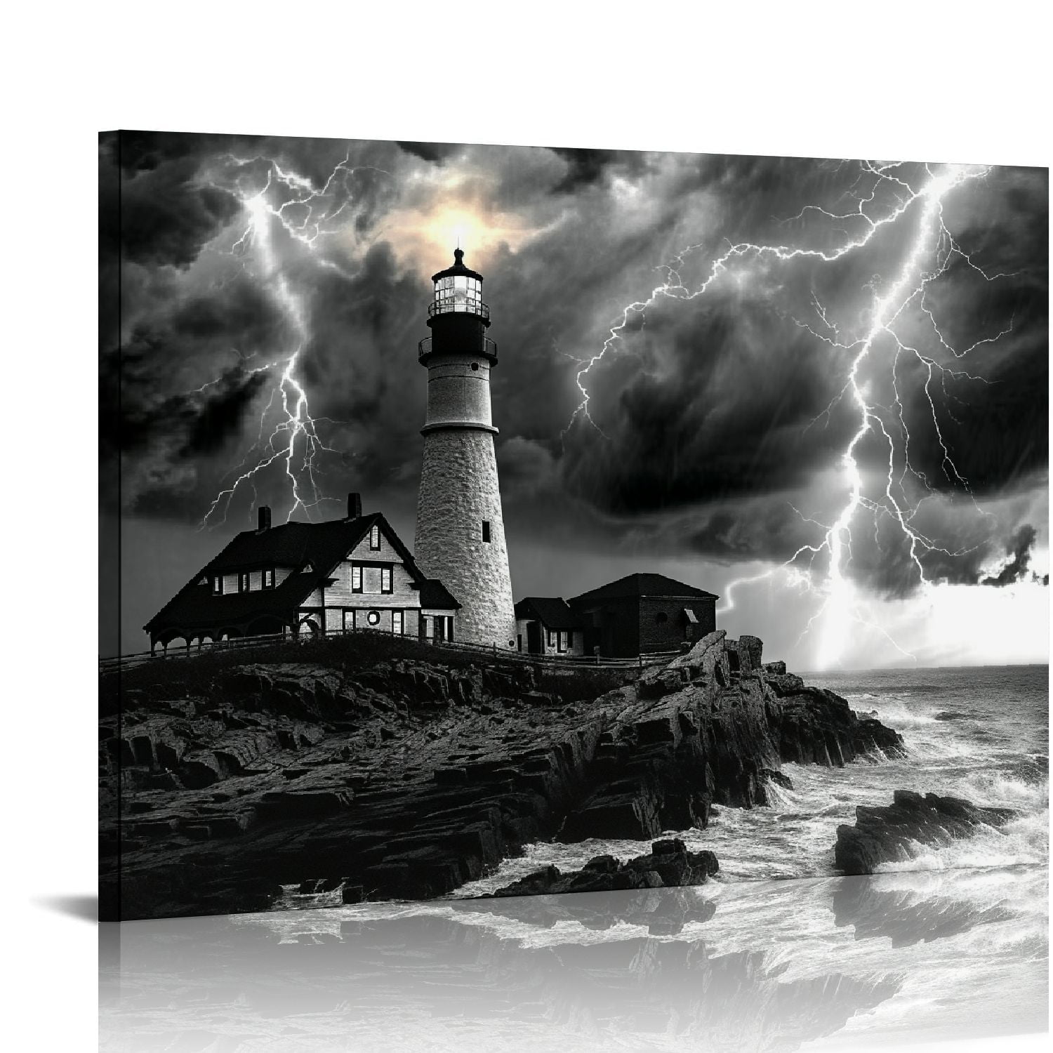 ONETECH Black and White Lightning Canvas Wall Art Lighthouse Pictures ...