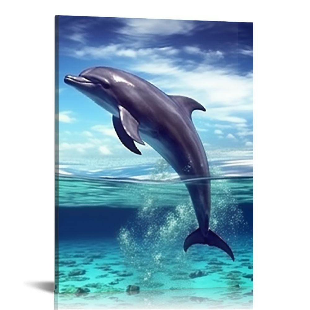 ONETECH Blue Dolphin Canvas Wall Art - Blue Sky Beach Seascape Ocean ...
