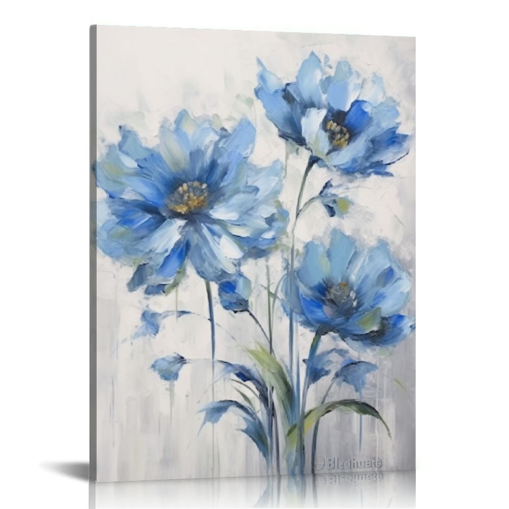 ONETECH Blue Flower Artwork Canvas Picture: Floral Painting Bloom Wall ...