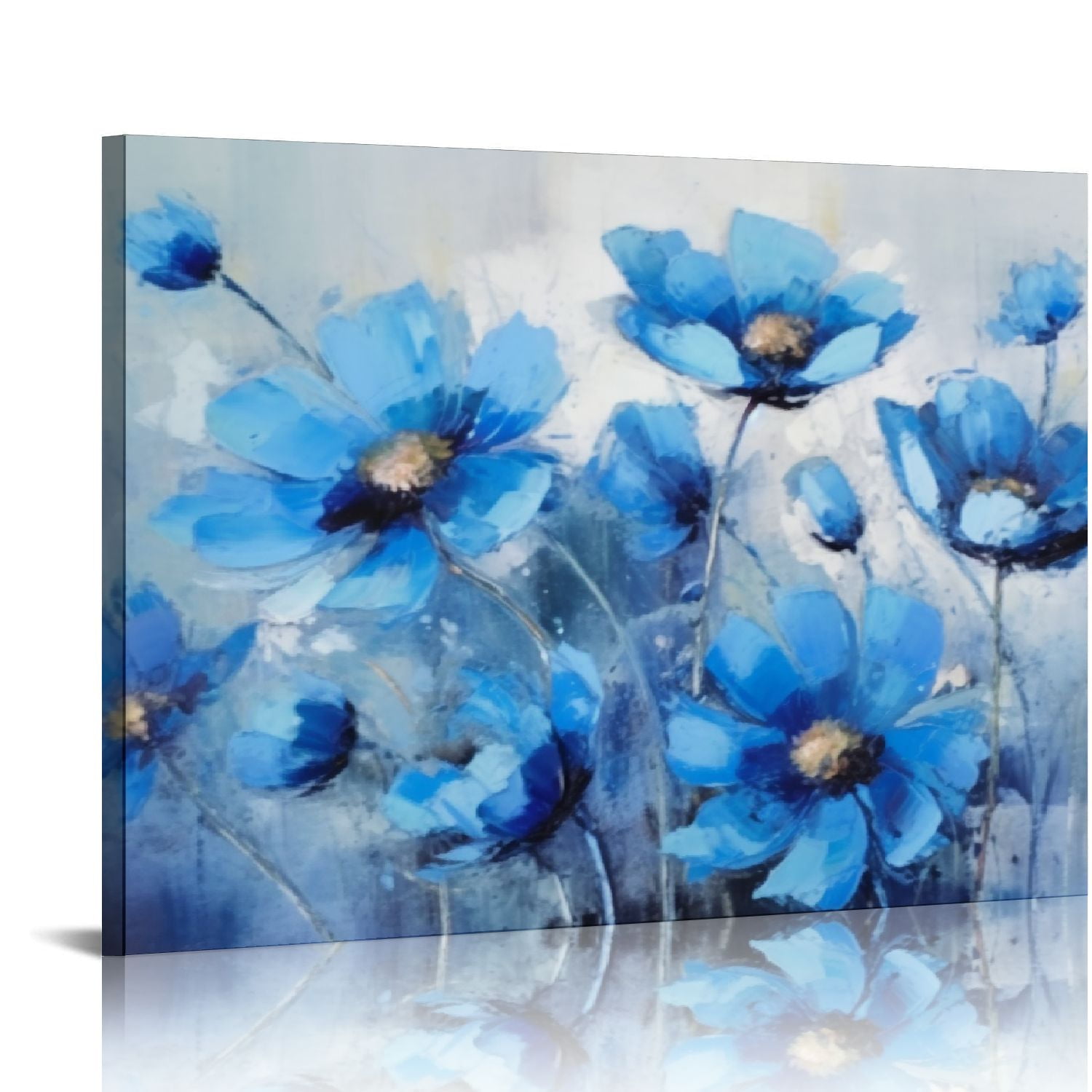 ONETECH Blue Flower Canvas Wall Art Bloosm Painting Modern Poppy Floral ...