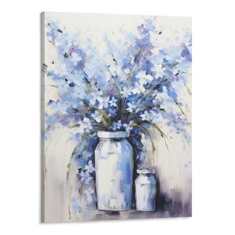 ONETECH Blue Flowers Canvas Wall Art: Abstract Bouquet in Vase Artwork ...