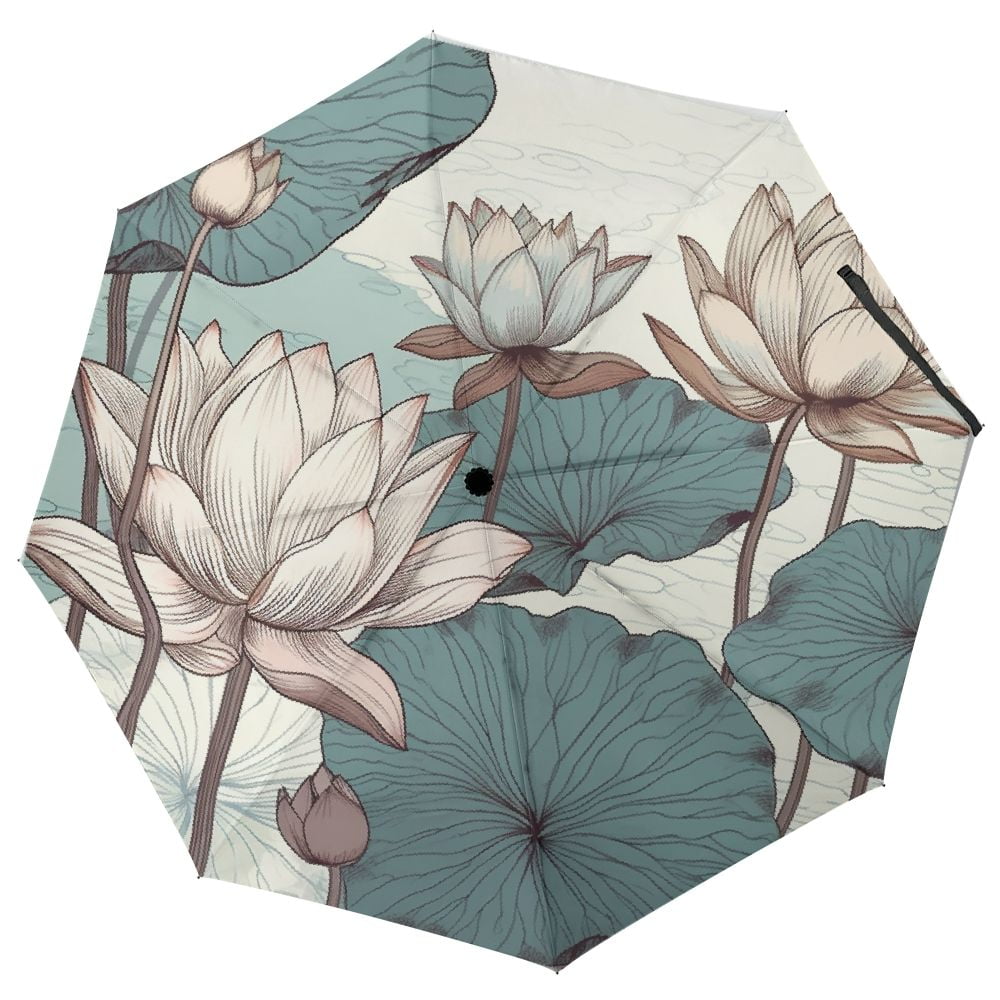 ONETECH Blue Flowers Three-Fold Automatic Portable Umbrella for Rain ...