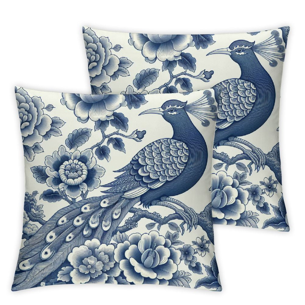 ONETECH Blue Indigo Floral Chinoiserie Blue and White Porcelain Birds ...