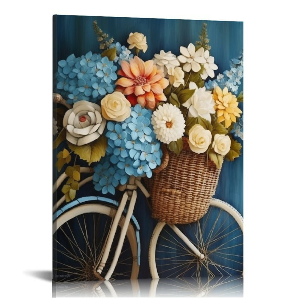 ONETECH Blue Retro Bike Picture Print Flower Artwork Farmhouse Bathroom Wall Decor Bicycle ...