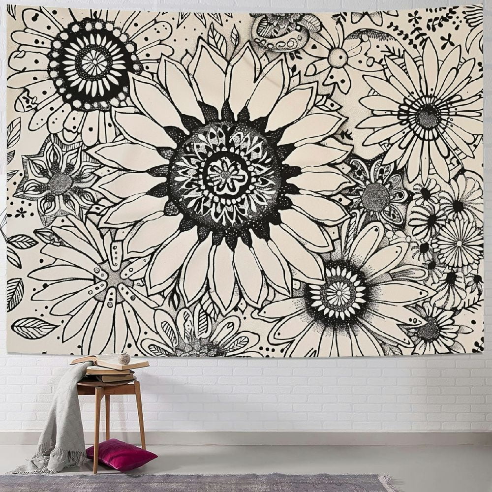 ONETECH Bohemian Tapestry Wall Hanging, Beige White Floral Tapestry ...