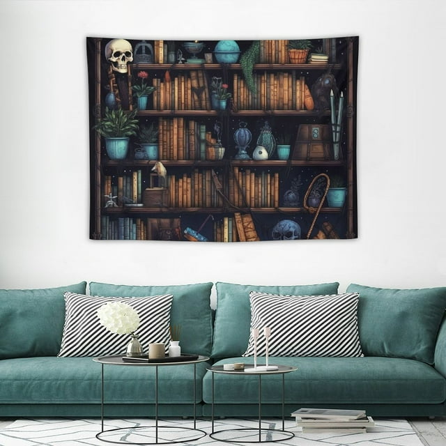 ONETECH Bookshelf Tapestry Magical Book Tapestries Goth Skull Tapestry ...