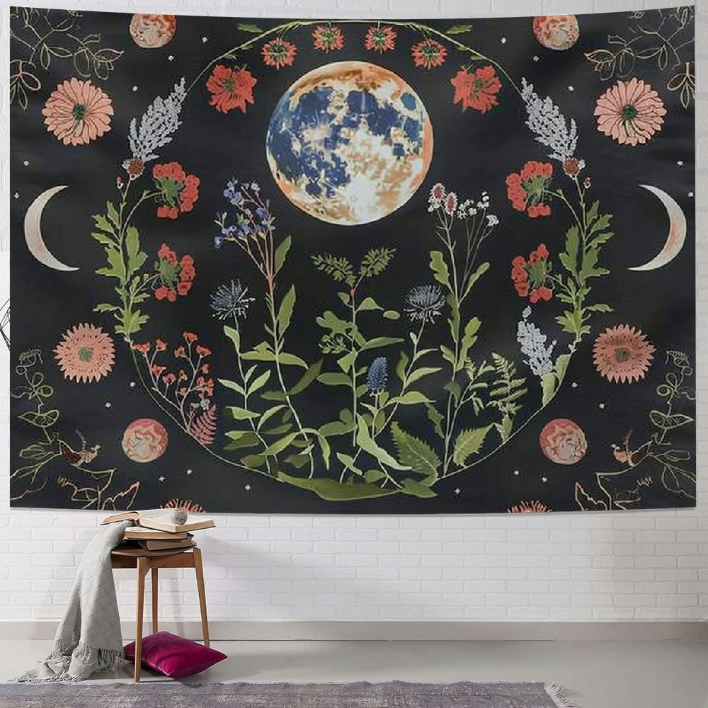 FUMJ Botanical Moon Phase Tapestry - Floral Plants Boho Tapestry Wall ...
