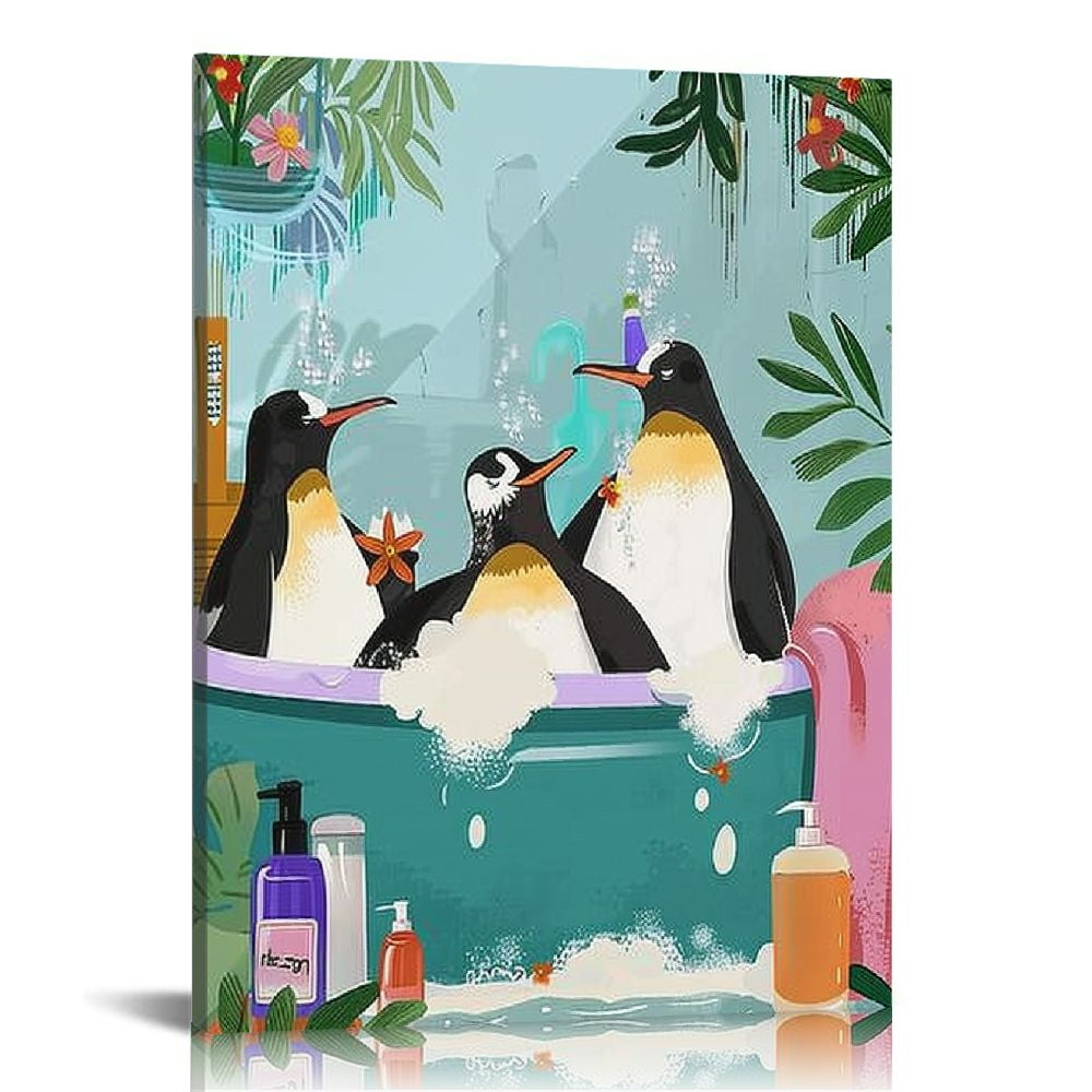 ONETECH Botanical Penguins Canvas Poster Painting Bathroom Wall Art ...