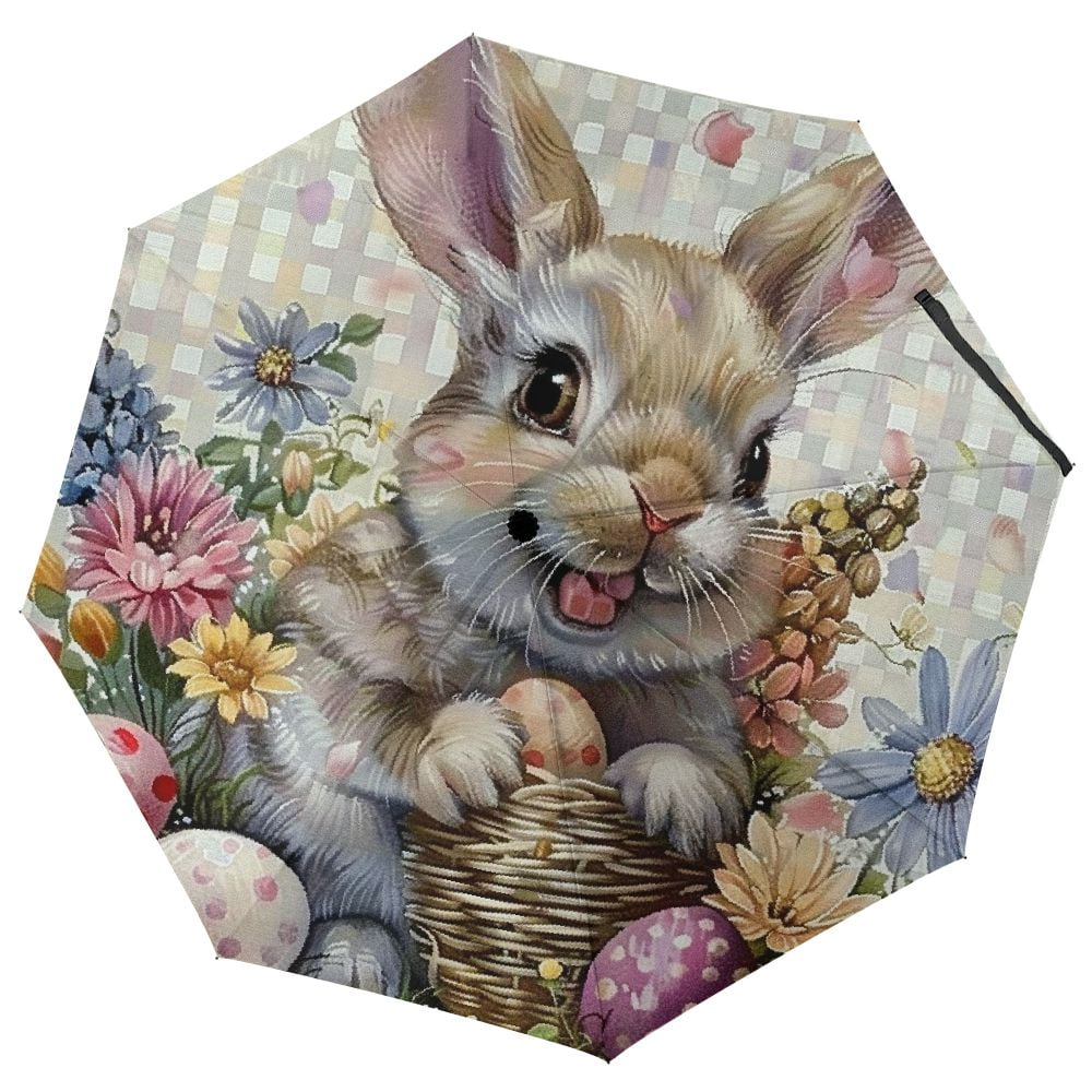 ONETECH Bunny Flowers Eggs Three-Fold Travel Umbrella Automatic Open ...
