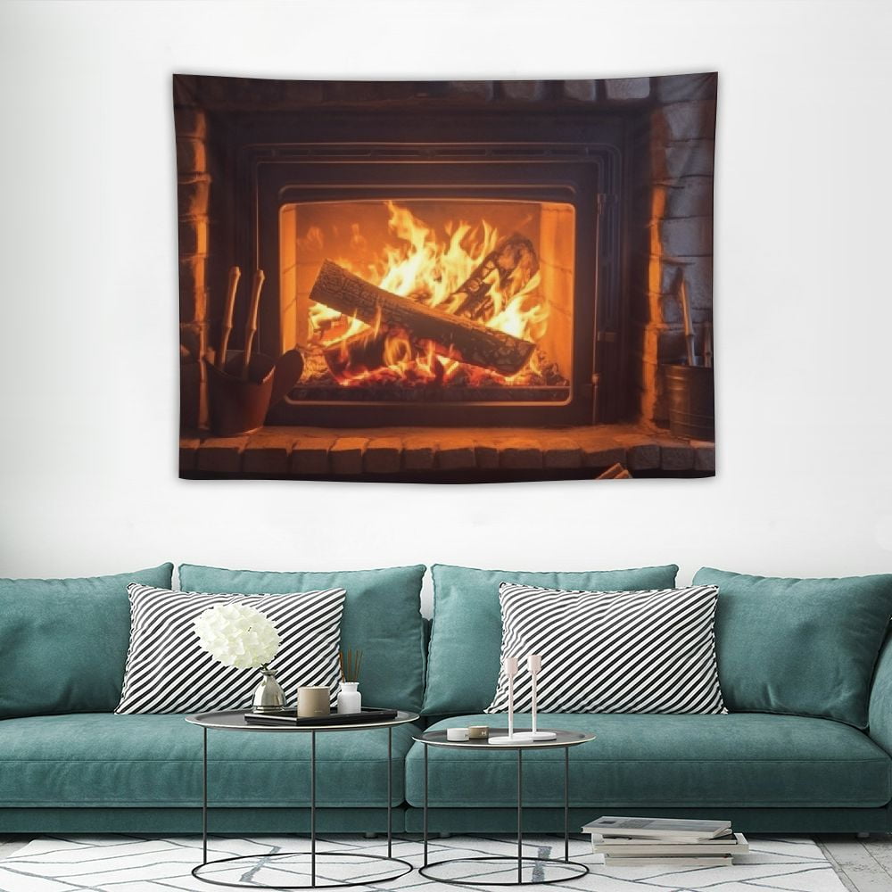 ONETECH Burning Fire Tapestry Fireplace Bright Brick Wall Hanging ...