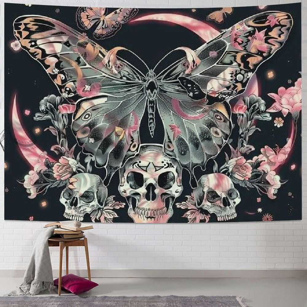 Onetech Butterfly Moon Tapestry For Bedroom Aesthetic Skull Flower Mushroom Stars Dorm Wall