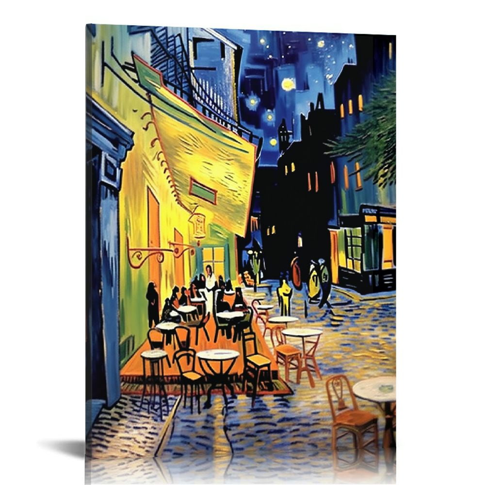 ONETECH Cafe Terrace at Night Modern Stretched Paintings Reproduction Cityscape Picture on ...