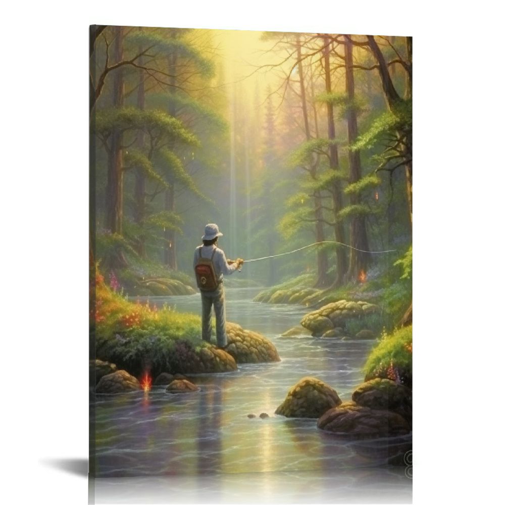 ONETECH Canvas Art Fishing Wall Art Framed Landscape Painting for ...