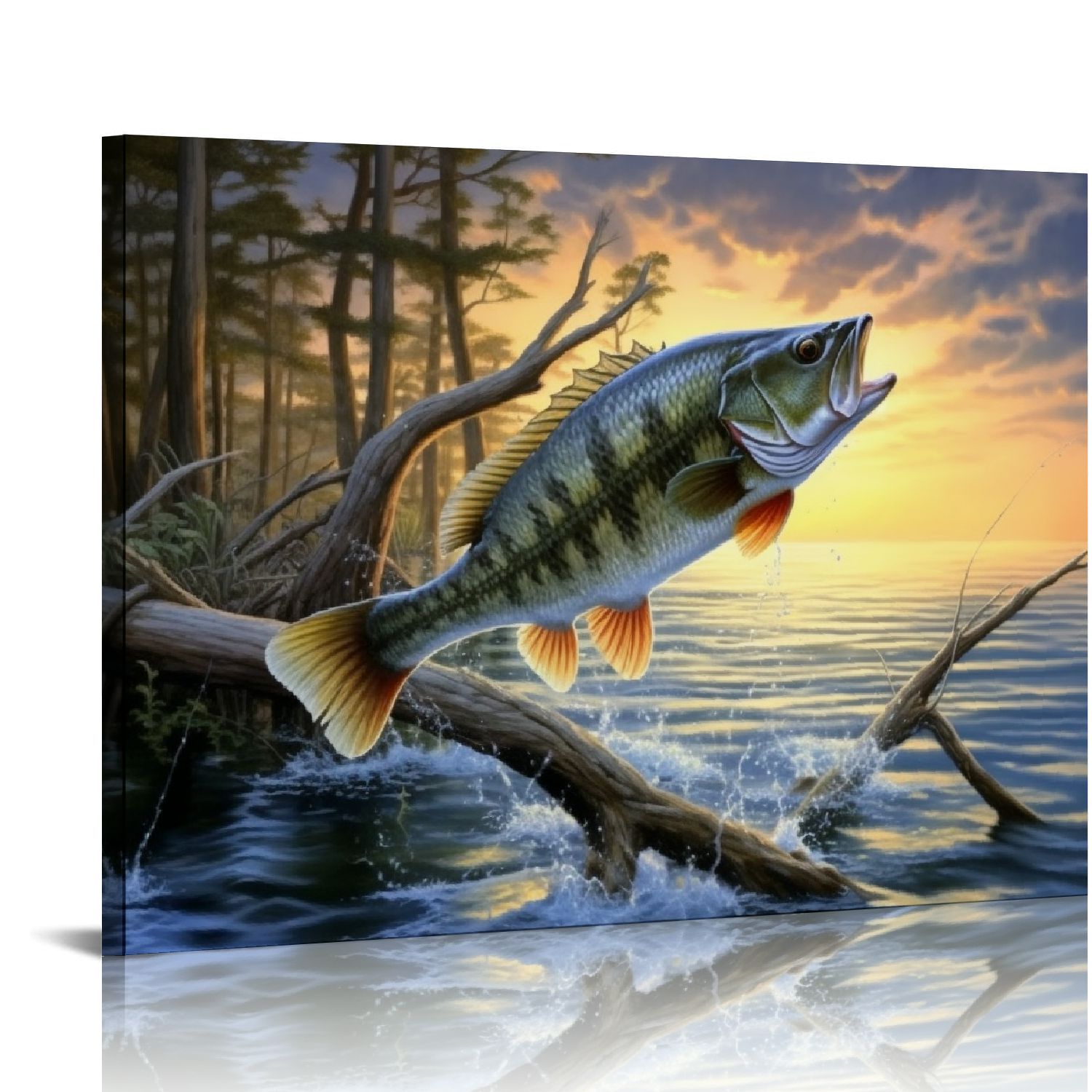 FUMJ Canvas Print Wall Art - Sunset Bass Fish Jumping Out of The Water ...