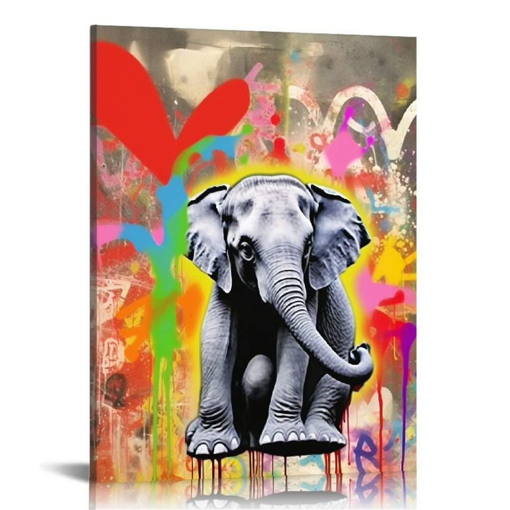 ONETECH Canvas Wall Art Fun Elephant Picture Wall Decoration Graffiti Poster Printing Banksy ...