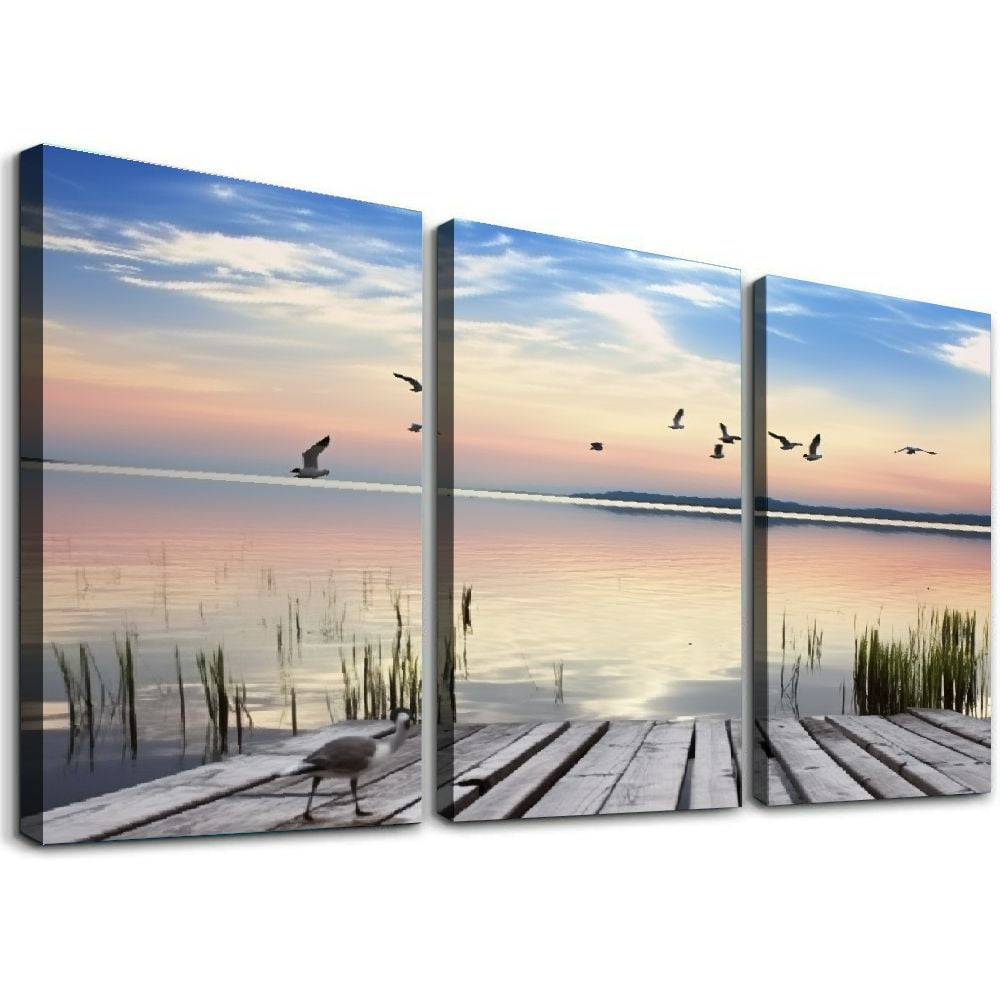 ONETECH Canvas Wall Art Lake Dock Sunset Scenery With Flying Birds ...