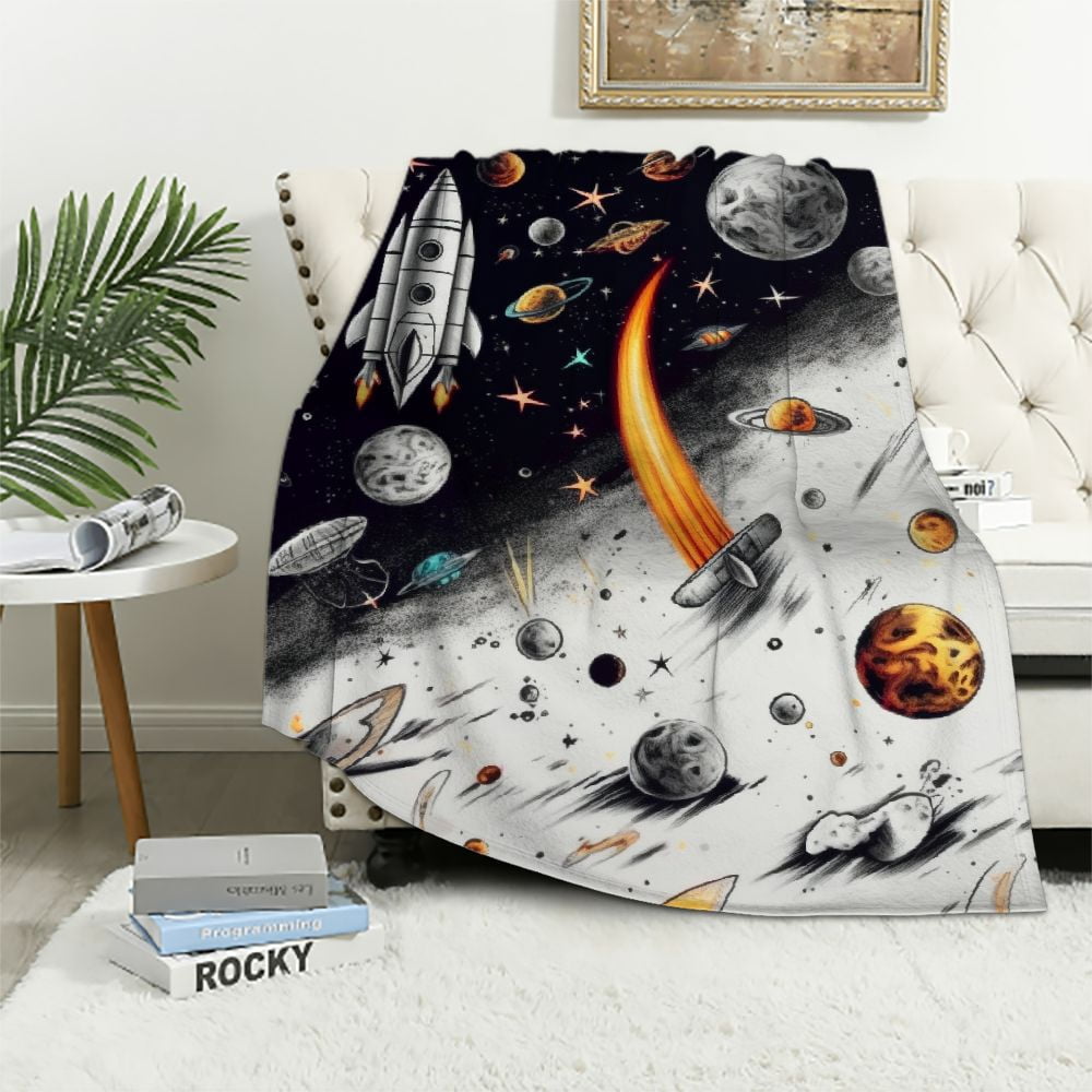 ONETECH Cartoon Planets Kids Throw Blanket,Rocket Moon Starry Sky ...