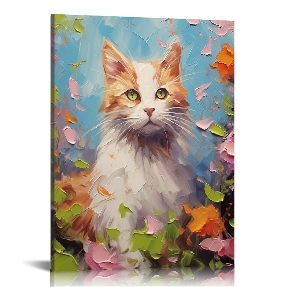 ONETECH Cat Wall Art Painting On Canvas Poster Cute Cat Cubism Colorful ...