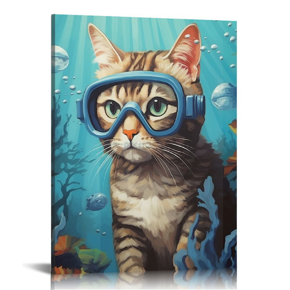 ONETECH Cat's Underwater Adventure Canvas Wall Art Diving Kitty Scene ...