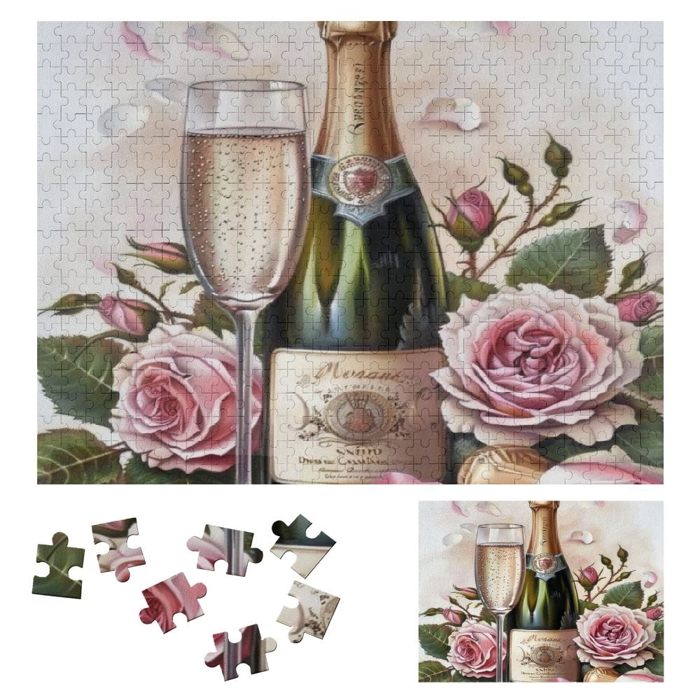 ONETECH Champagne Bottle and Rose Pink Drinks Wooden Jigsaw Puzzle for ...