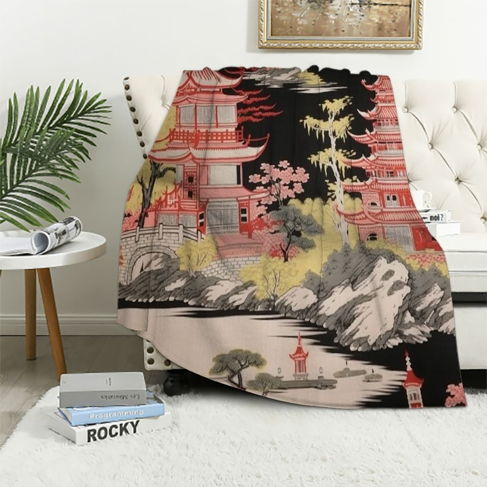 ONETECH Chinoiserie Charcoal Coral Pagoda Asian Pavilion Throw Blanket ...