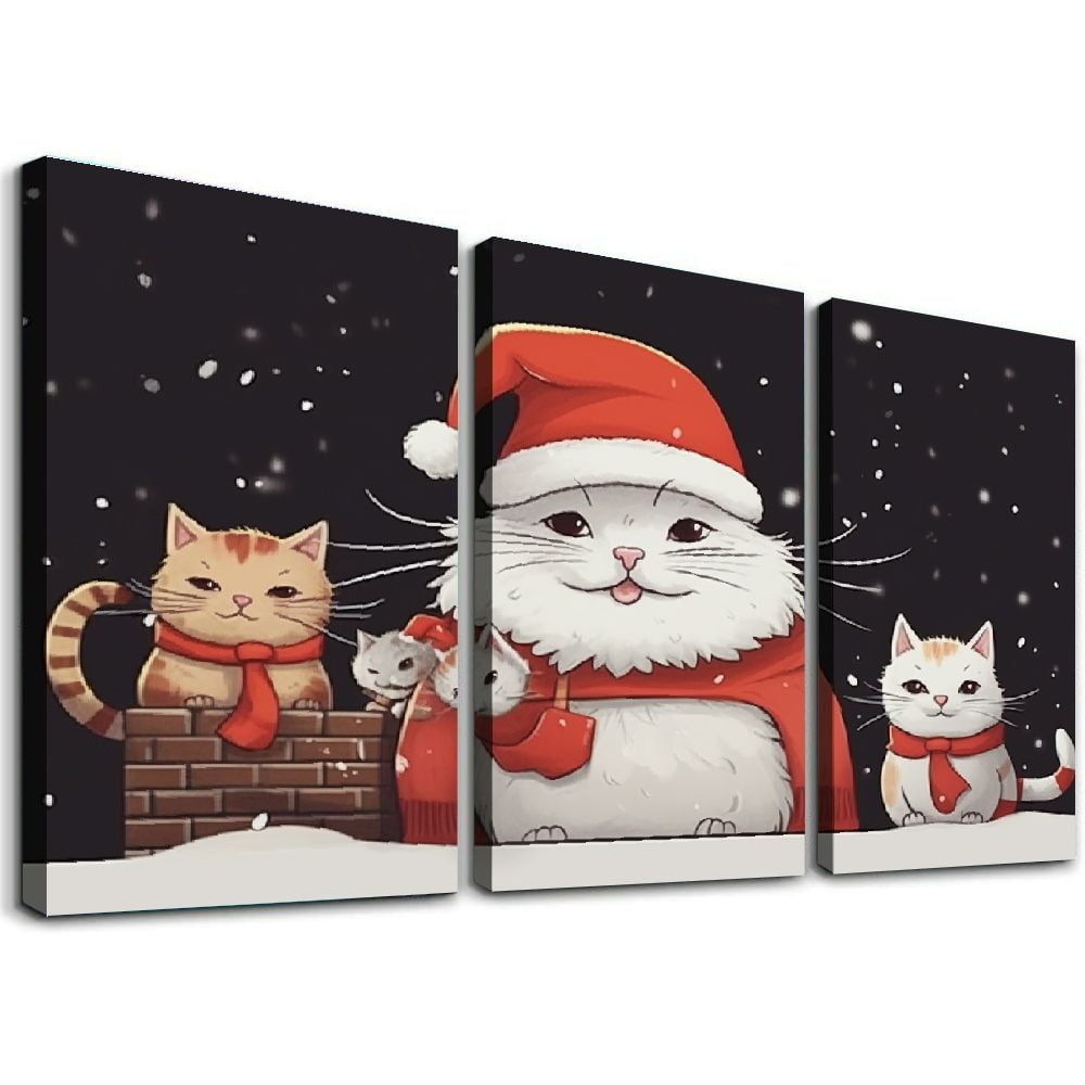 ONETECH Christmas Canvas Wall Art,Christmas Cat Decorations,Merry ...