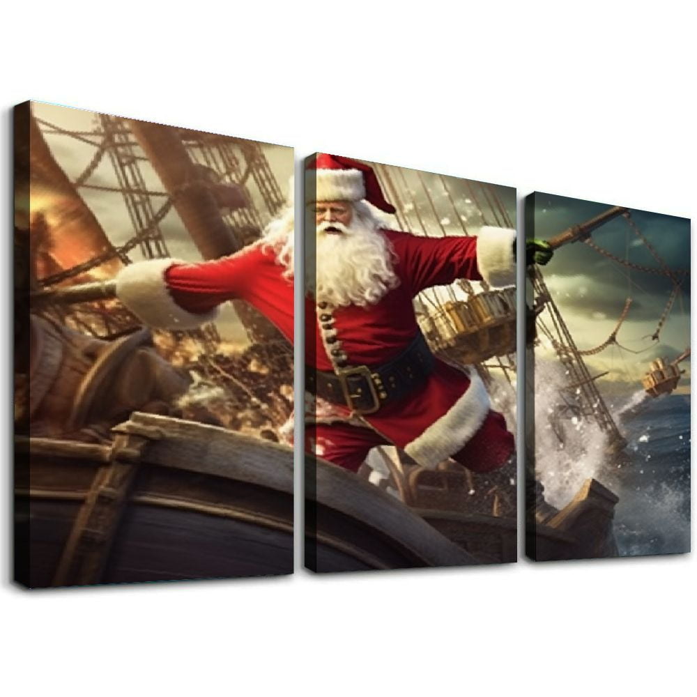 ONETECH Christmas Canvas Wall Art, Santa Claus on a Pirate Ship ...