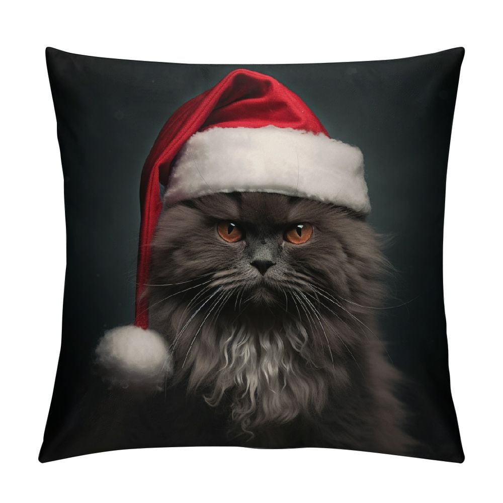 FUMJ Christmas Pillow Cover Cat with Hat Meowy Xmas Throw Pillow Winter ...