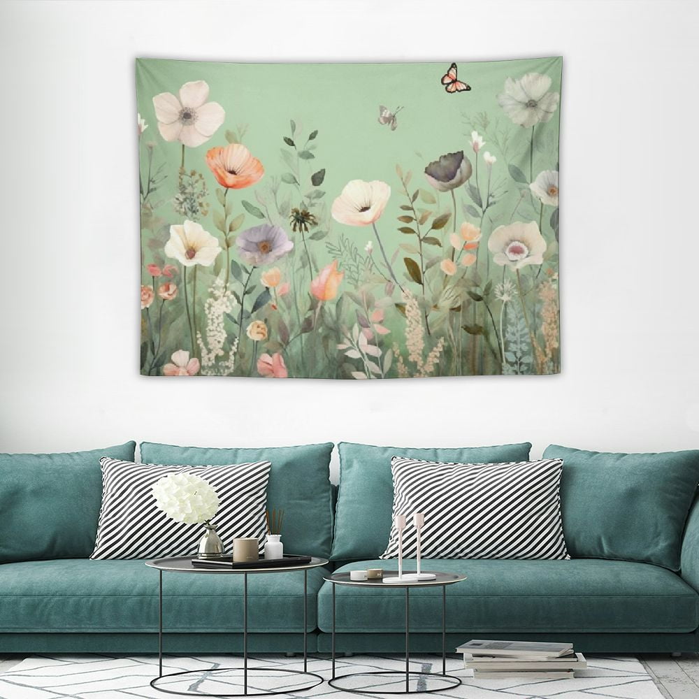 ONETECH Colorful Floral Tapestry Grey and Blue Flower Butterfly on ...