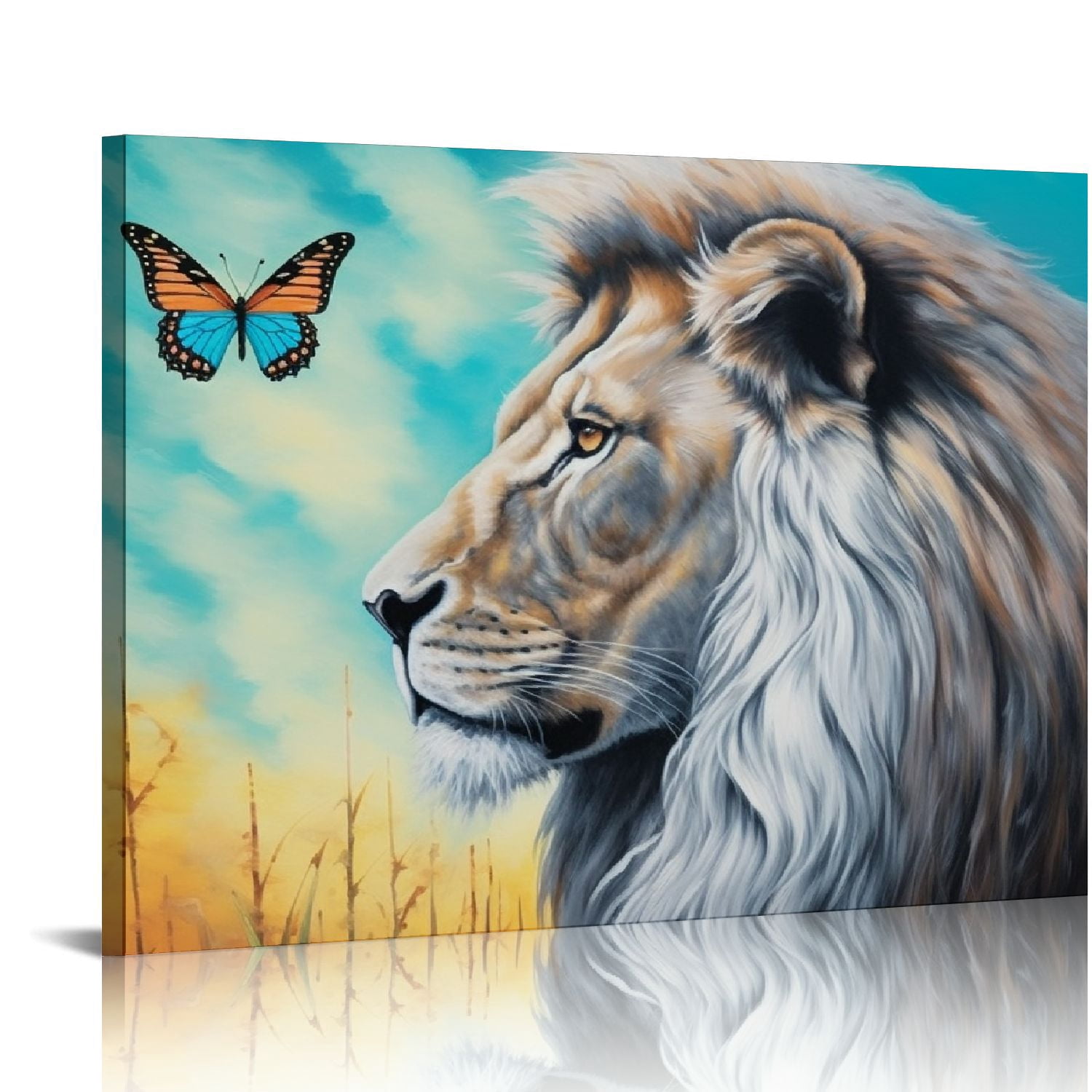 ONETECH Colorful Lion Wall Art Lion And Butterfly Canvas Wall Art Gray ...