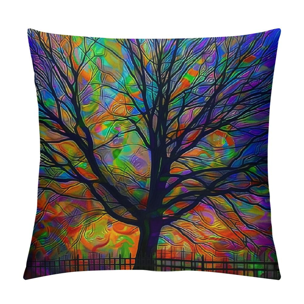 Fumj Colorful Watercolor Spring Life Tree Farmhouse Pillow Cover