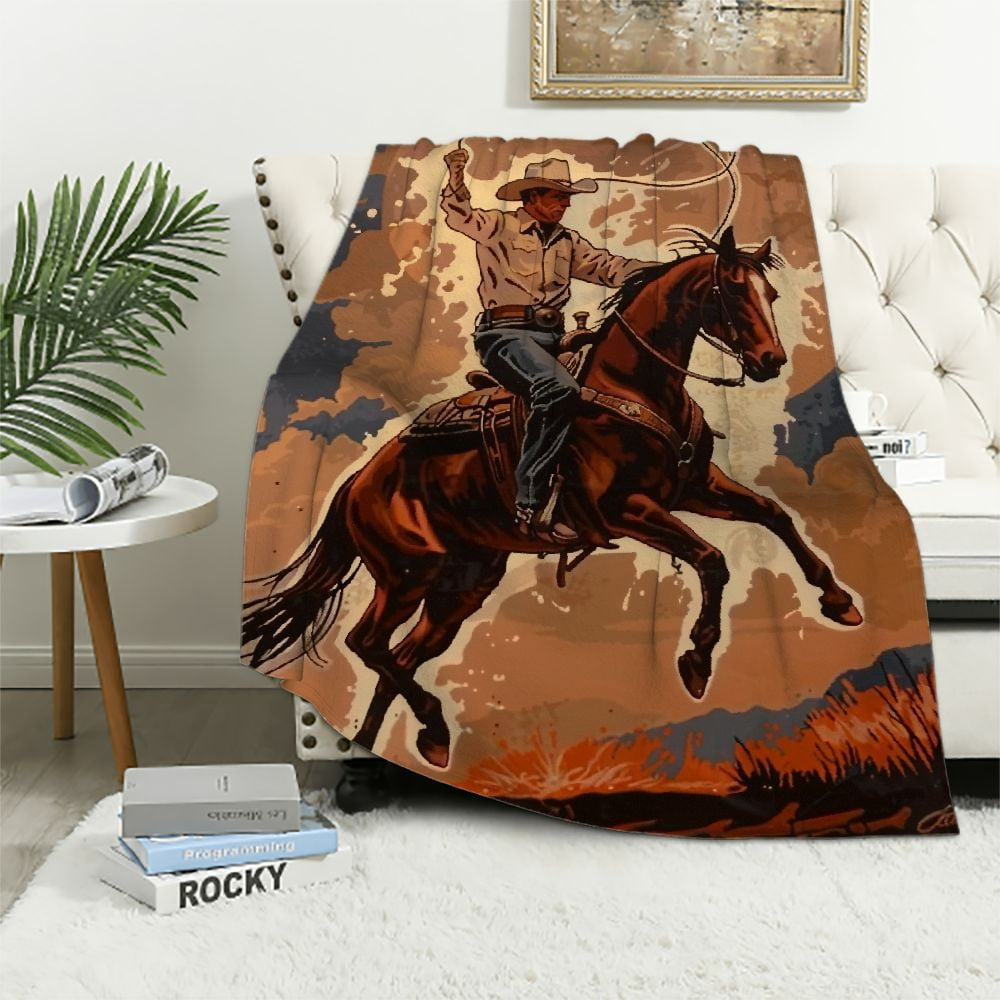 ONETECH Cowboy Throw Blanket Rodeo Poster with a Cowboy Sitting on a ...