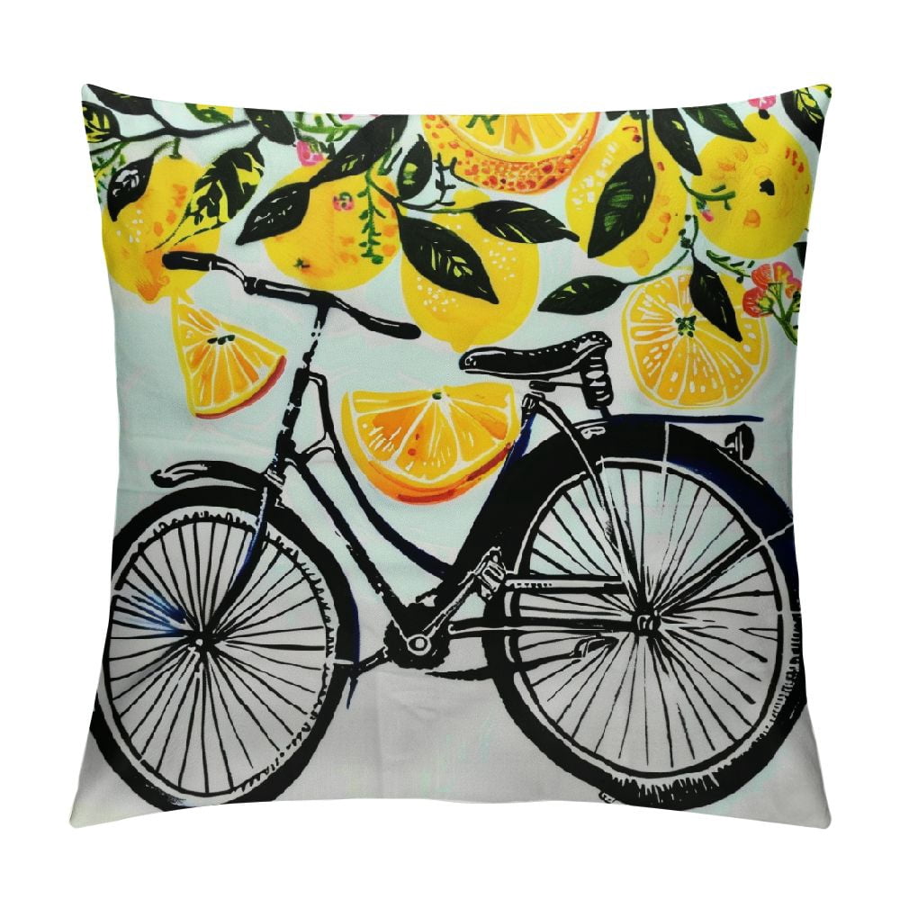 ONETECH Cushion Covers Orange Yellow Lemon Bicycle Watercolor,Hand Drawn Funny Citrus Fruit ...
