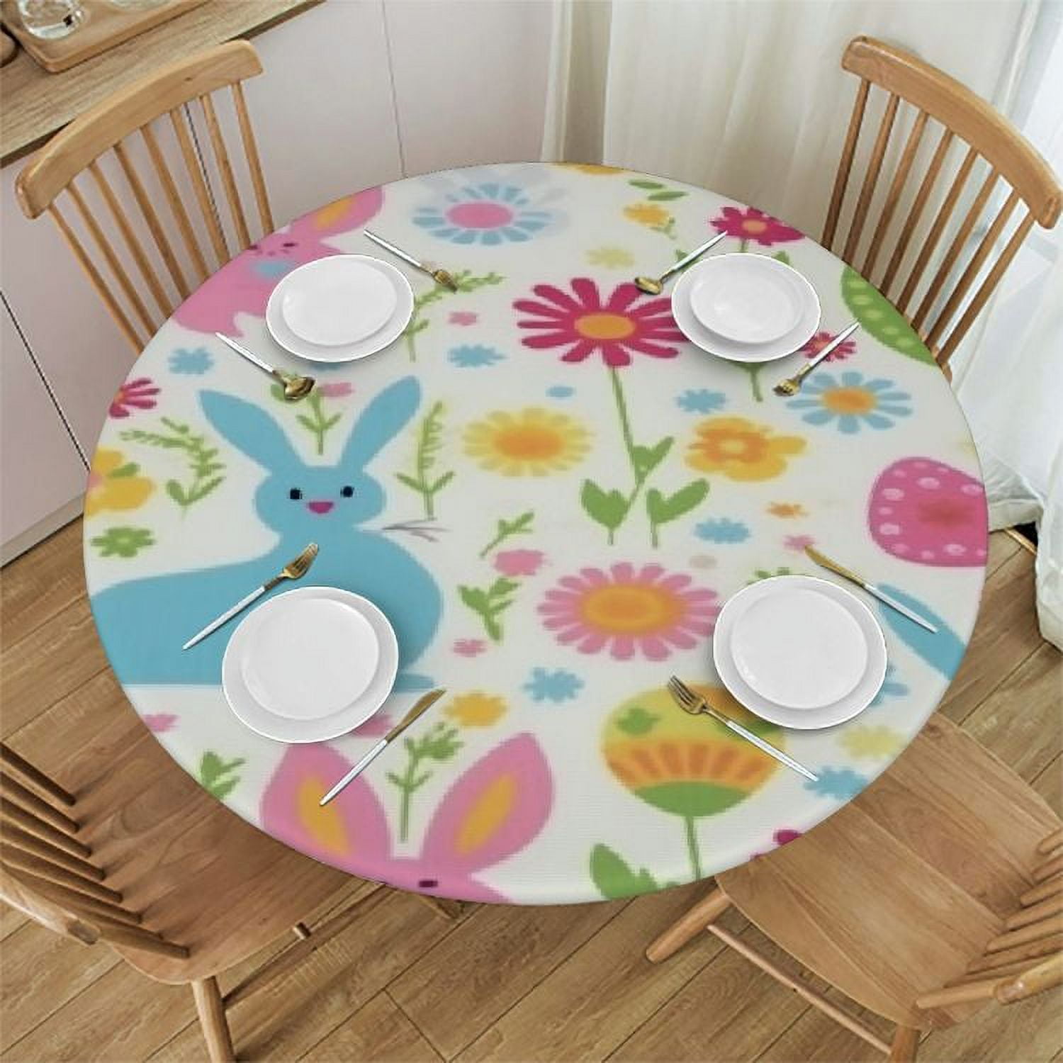 ONETECH Cute Eggs Bunnies Round Table Cloth,Easter Flowers Tablecloths ...