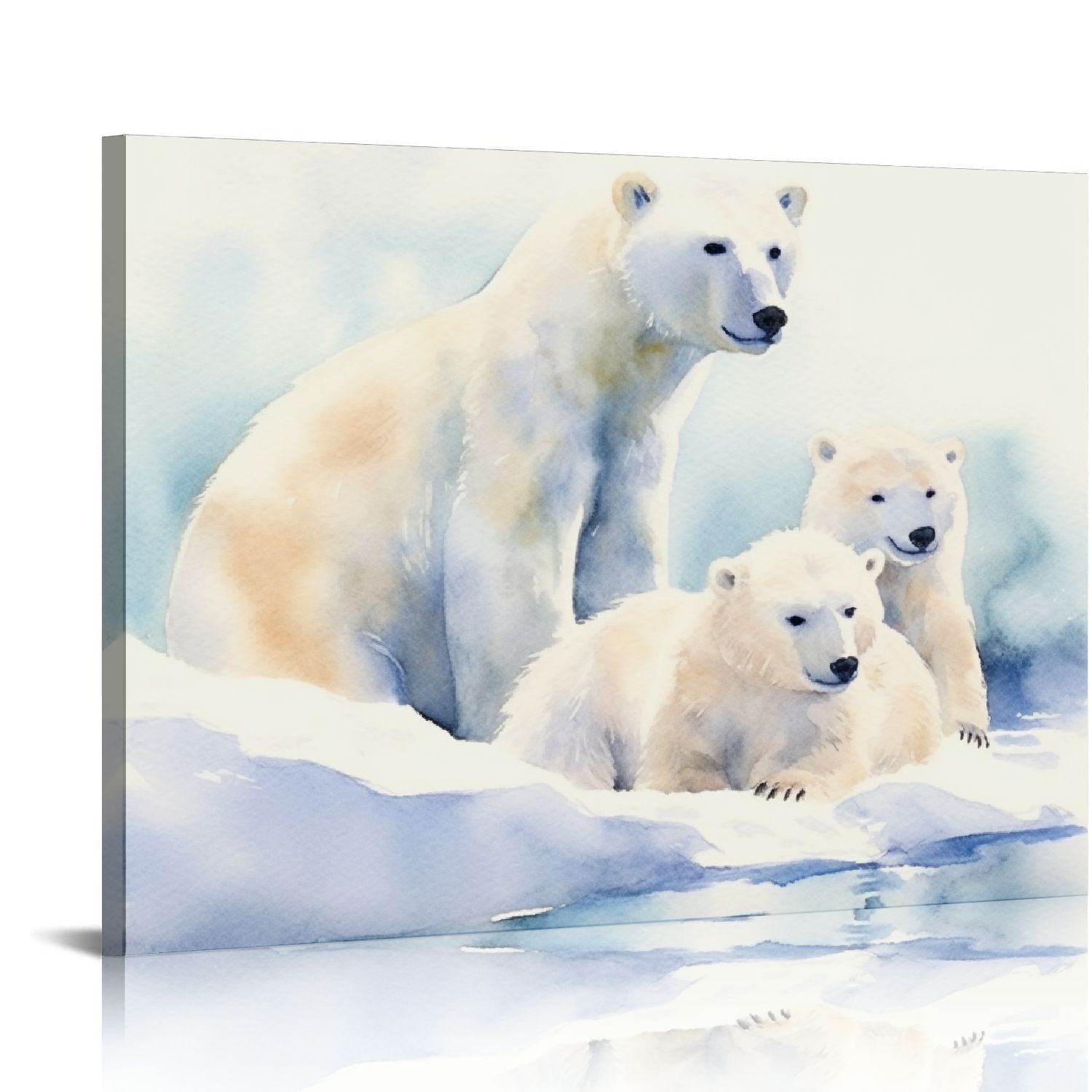 ONETECH Cute Polar Bear Family Animal Blue Watercolor Painting Canvas ...