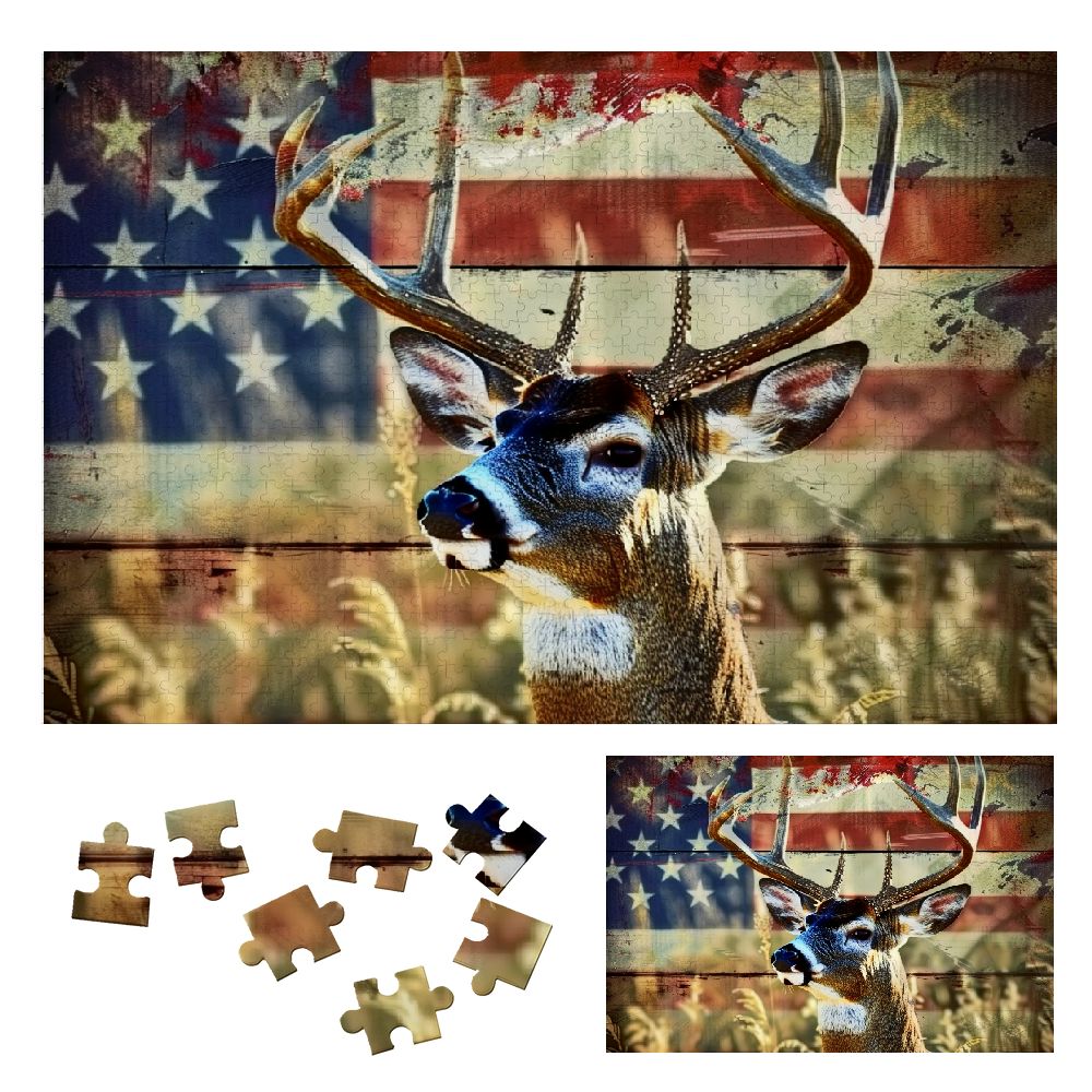 ONETECH Deer American Flag Hunting Wooden Jigsaw Puzzle Challenging ...