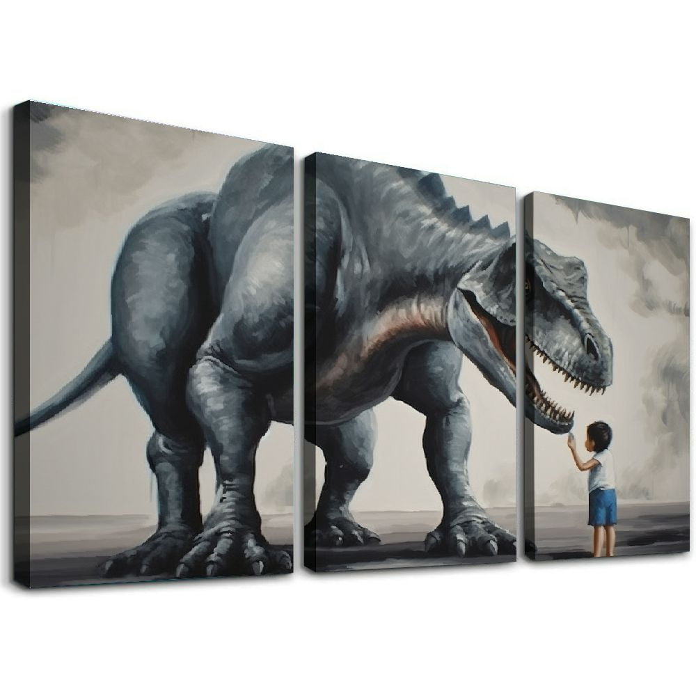 ONETECH Dinosaur Canvas Wall Art - Cute Baby Boy Touching Trex Dinosaur ...